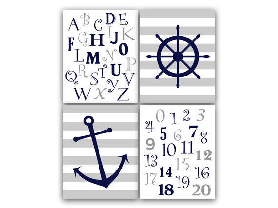 Digital Download - Navy And Gray Nautical Nursery Wall Art, Instant ...