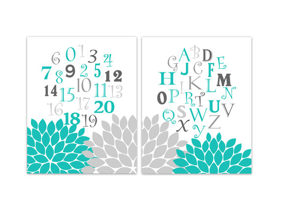 Digital Download - Alphabet Nursery Wall Art, Aqua And Gray Nursery ...